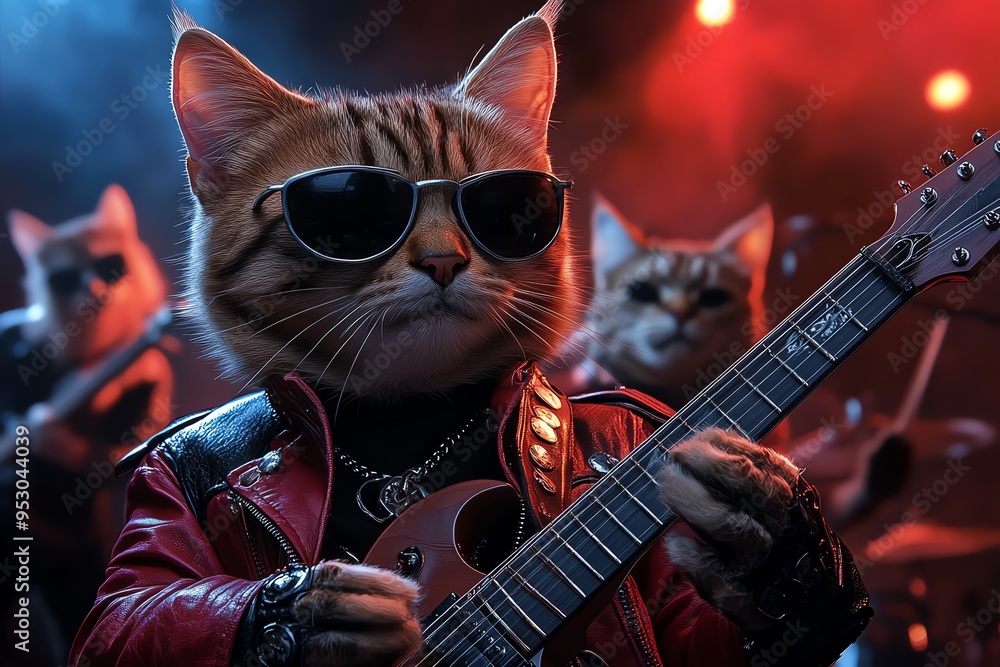 Cat musician in a rock band, depicted in a vibrant digital artwork ...