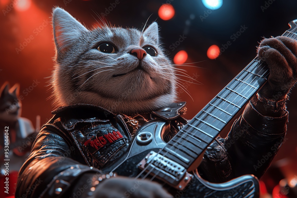 Cat musician in a rock band, depicted in a vibrant digital artwork ...