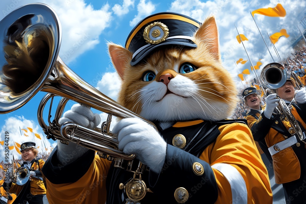 Cat musician leading a parade, illustrated in a lively scene where the ...