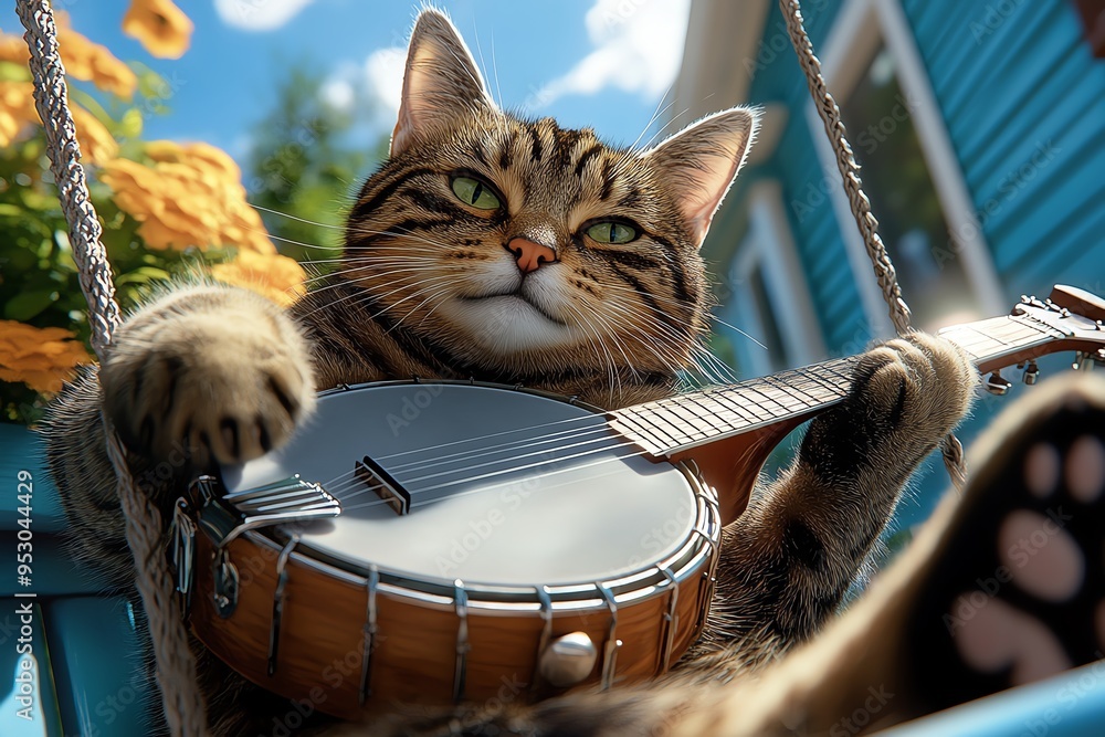 Cat musician playing a banjo on a porch, captured in a charming country ...