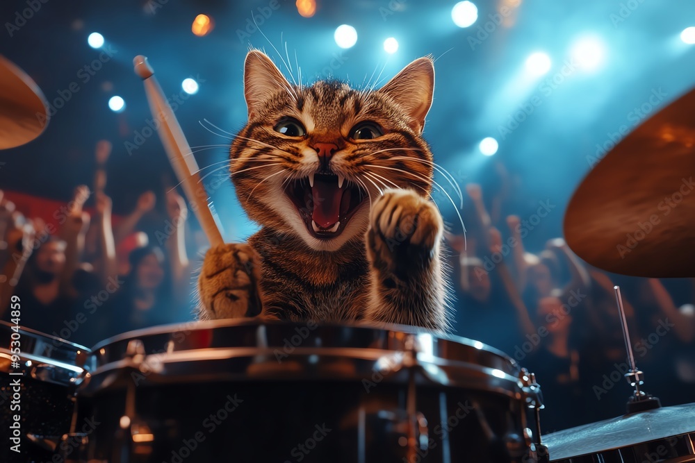 Cat musician playing the drums at a rock concert, depicted in an ...