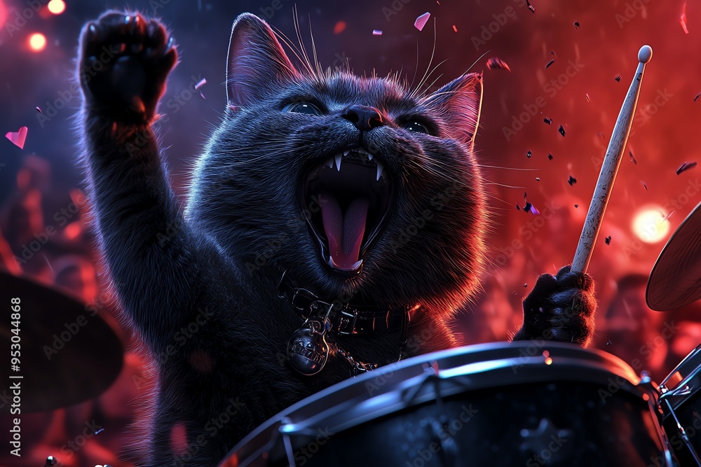 Cat musician playing the drums at a rock concert, depicted in an ...