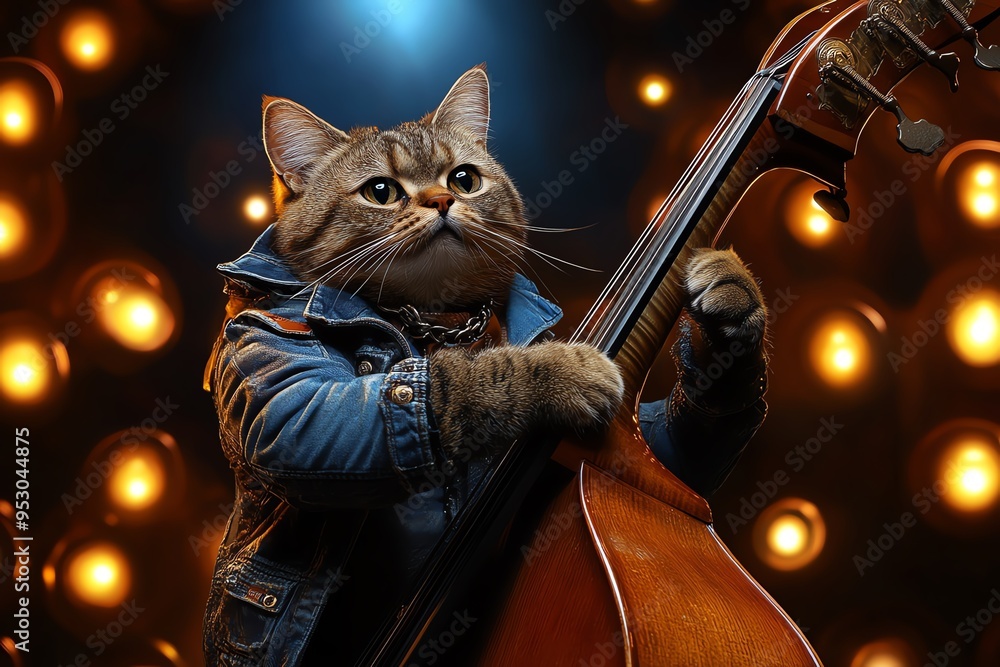 Cat musician playing the double bass, captured in a retro-style ...