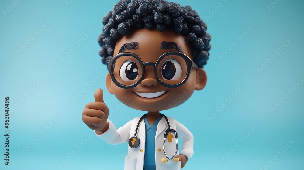 3D cartoon doctor character with dark skin wearing glasses shows a ...