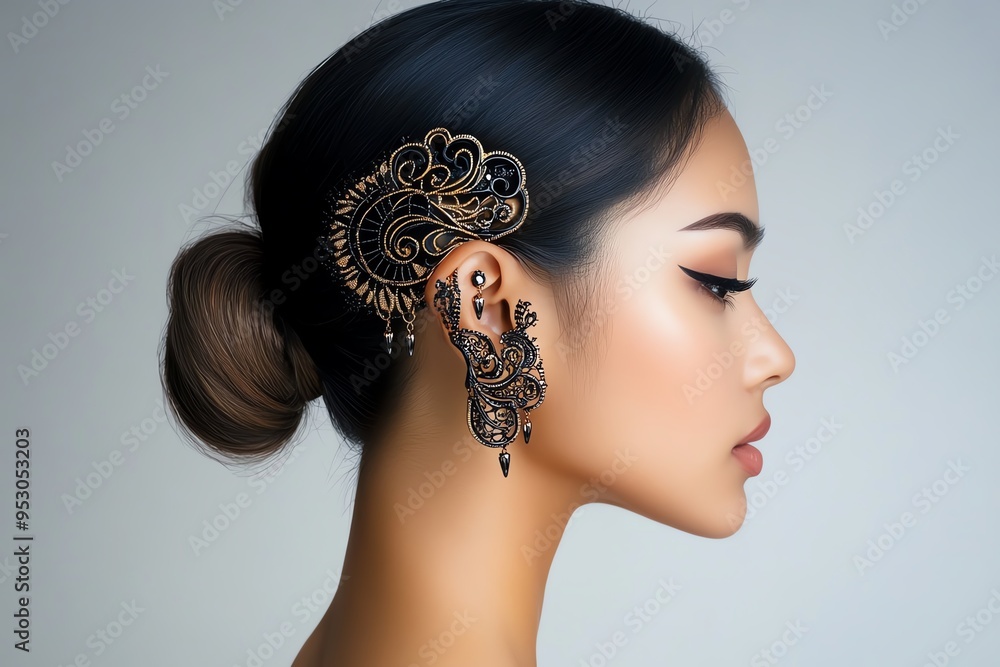 Piercing with multiple ear cuffs and studs, depicted in an artwork ...