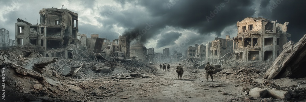 Amidst ruins and destruction, soldiers traverse a devastated city ...