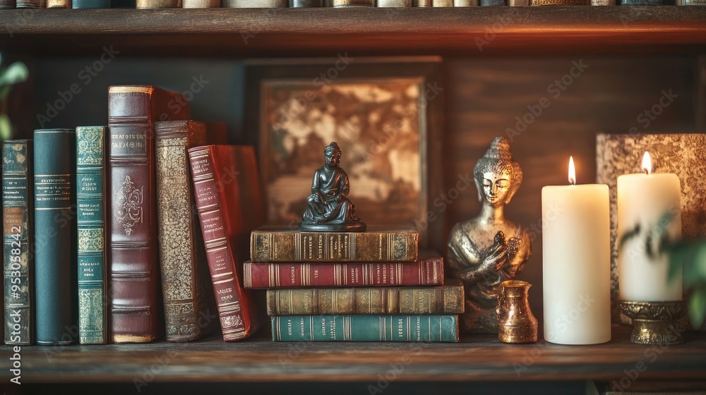 Wall shelf displaying a collection of vintage books, candles, and a ...