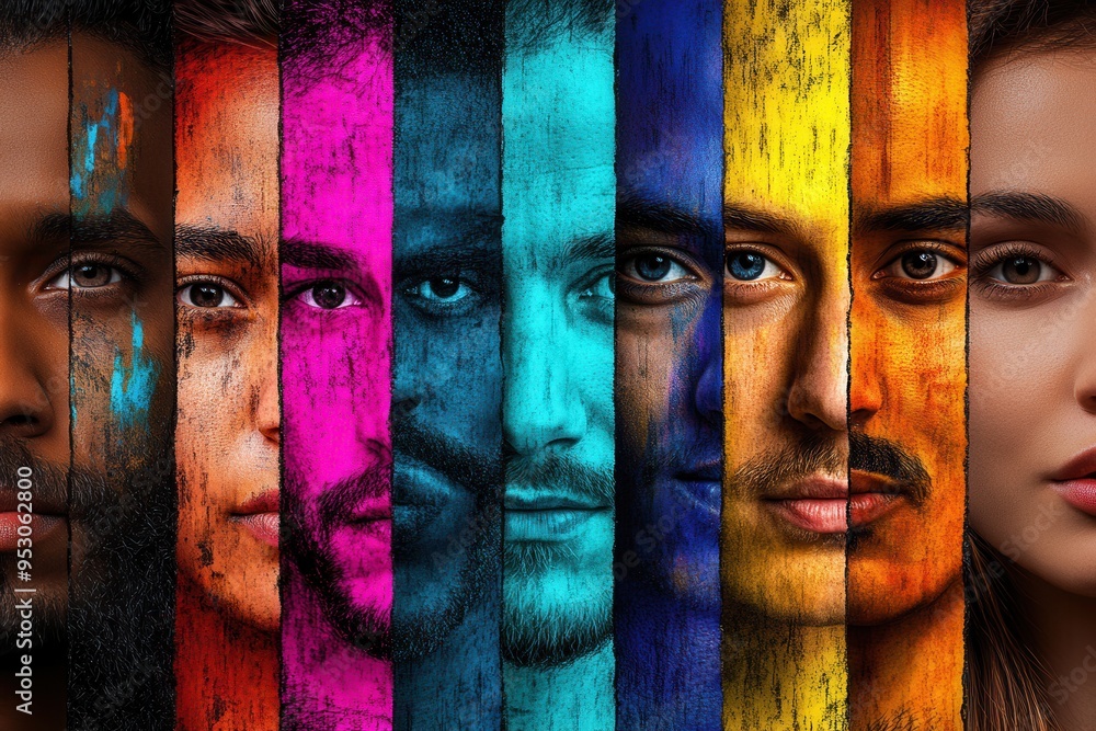 Faces of diverse individuals separated by a colorful barrier ...