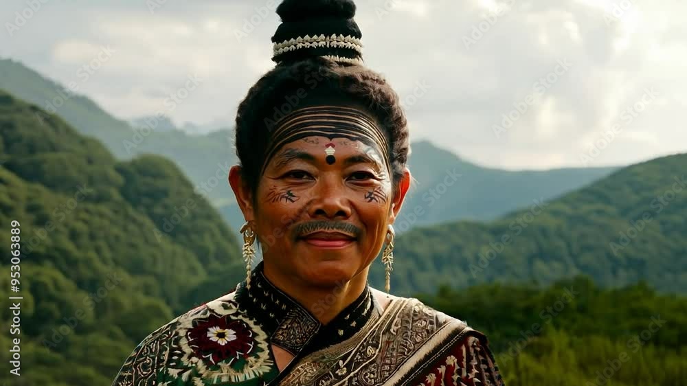 Indigenous person smiling, showcasing elaborate traditional face paint ...