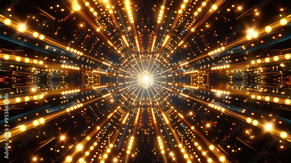 Dynamic explosion of golden and red lights in motion. Glowing neon ...