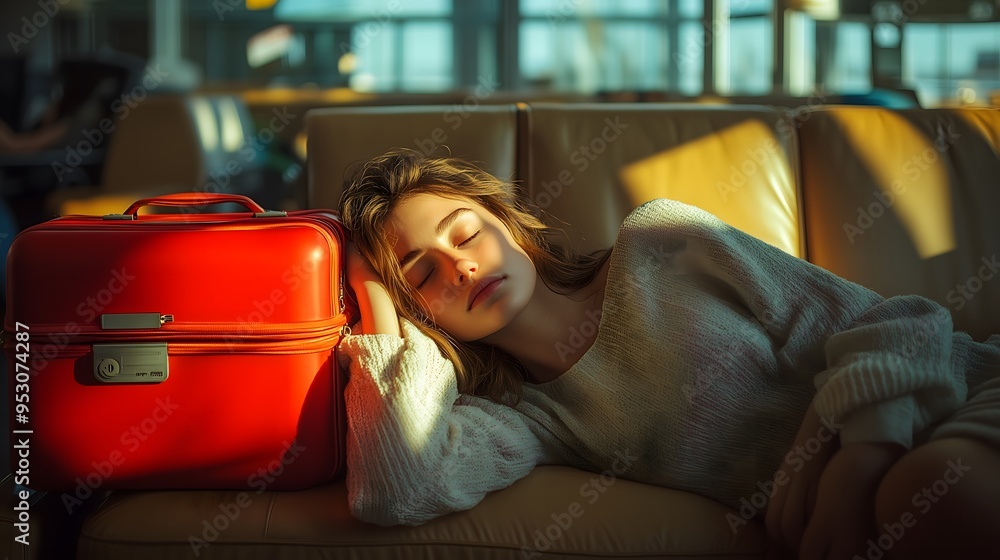 A wide shot of a woman napping in a quiet corner of an airport lounge ...