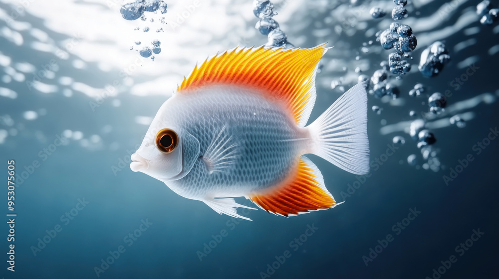 A tropical fish with orange and white markings swims underwater ...