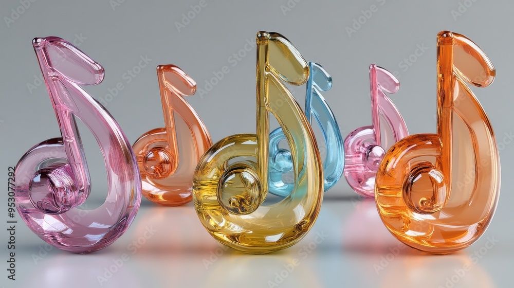 3D render of colorful shiny glass musical note symbols on a metallic ...
