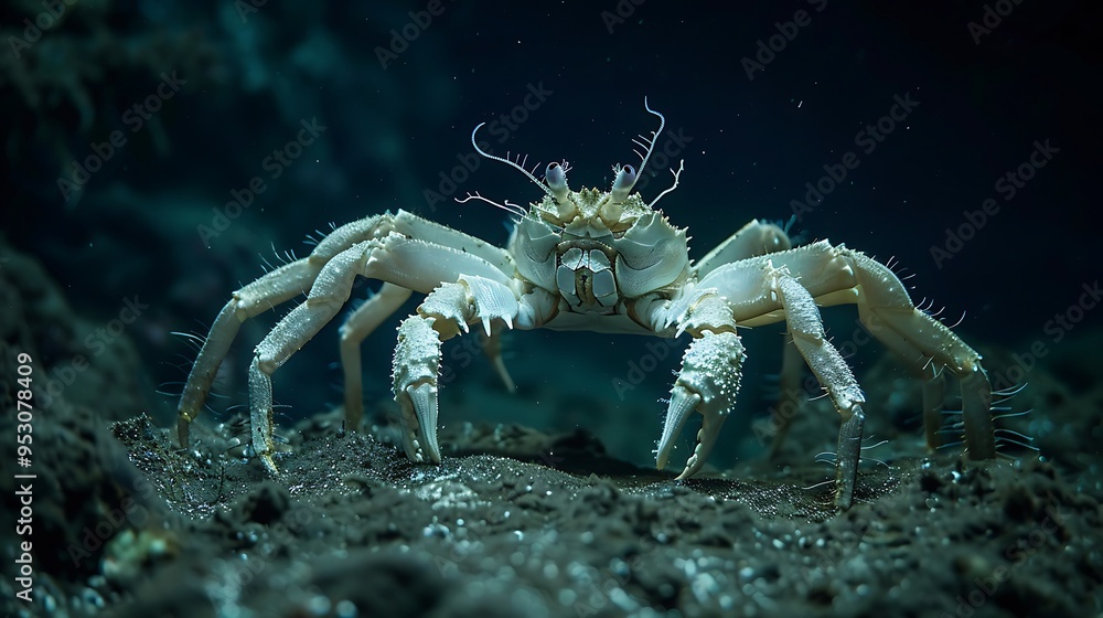 Yeti crab near a hydrothermal vent in the deep sea, surrounded by the ...