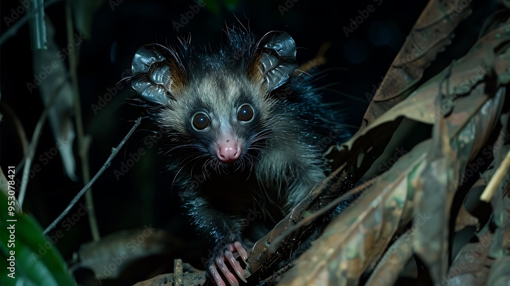 Aye-aye using its long middle finger to fish for grubs in the nighttime ...