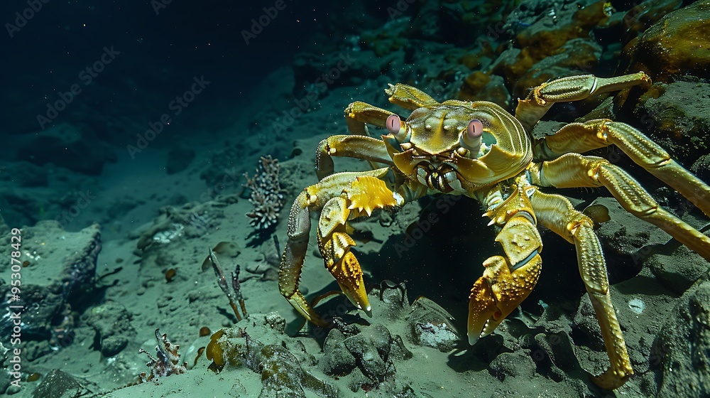 Yeti crab near a hydrothermal vent in the deep sea, surrounded by the ...