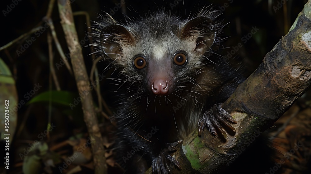 Aye-aye using its long middle finger to fish for grubs in the nighttime ...