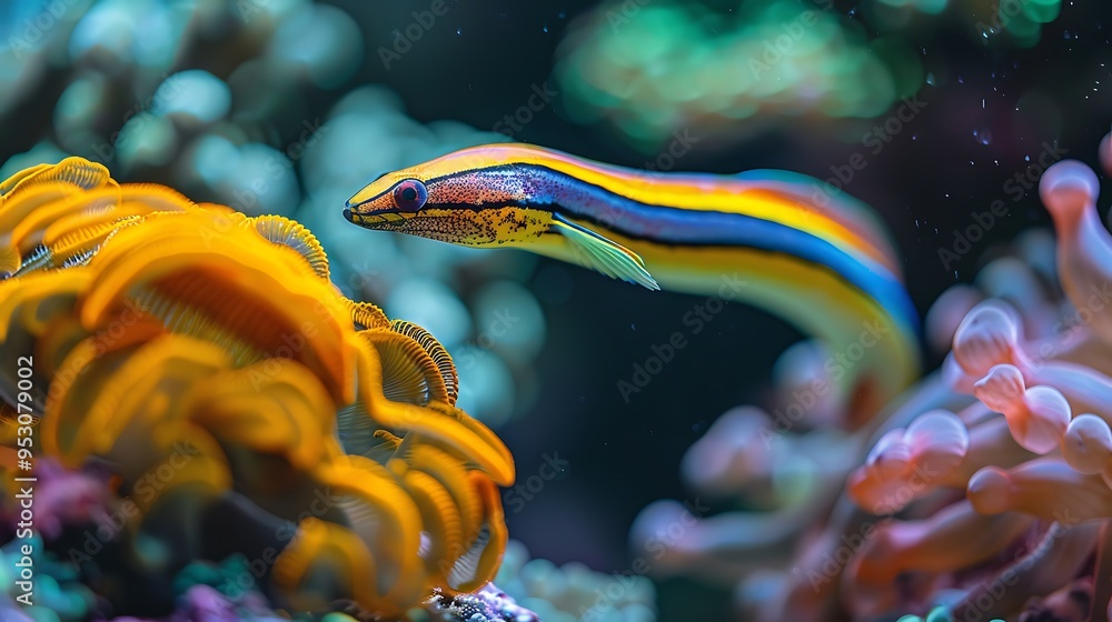 Ribbon eel in the coral reef, showcasing its color change as it matures ...