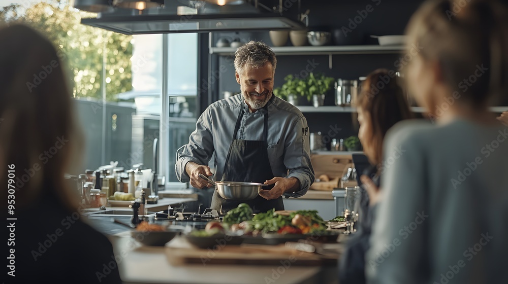 A modern kitchen with customers learning new cooking techniques from a ...