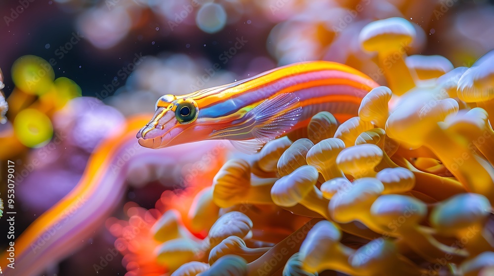 Ribbon eel in the coral reef, showcasing its color change as it matures ...