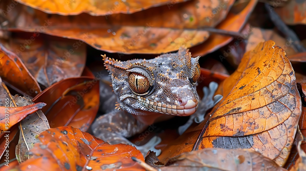Satanic leaf-tailed gecko perfectly camouflaged among dead leaves, its ...