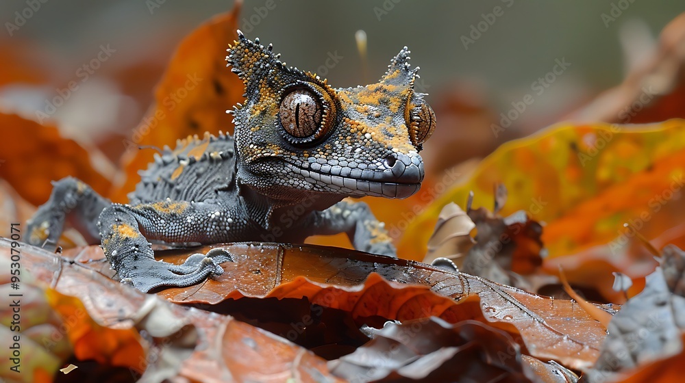 Satanic leaf-tailed gecko perfectly camouflaged among dead leaves, its ...