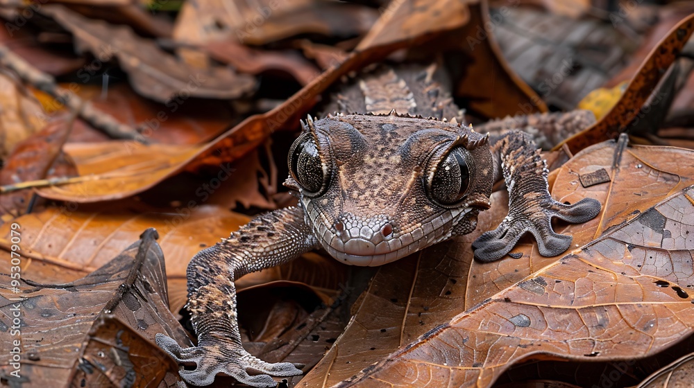 Satanic leaf-tailed gecko perfectly camouflaged among dead leaves, its ...