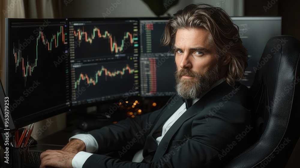 Wealthy businessman reviewing stocks on multiple monitors in a lavish ...