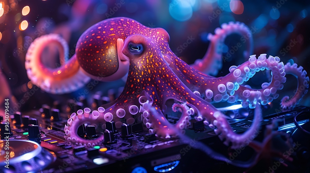 Vampire squid as a DJ at a deep sea rave, with bioluminescent arm tips ...