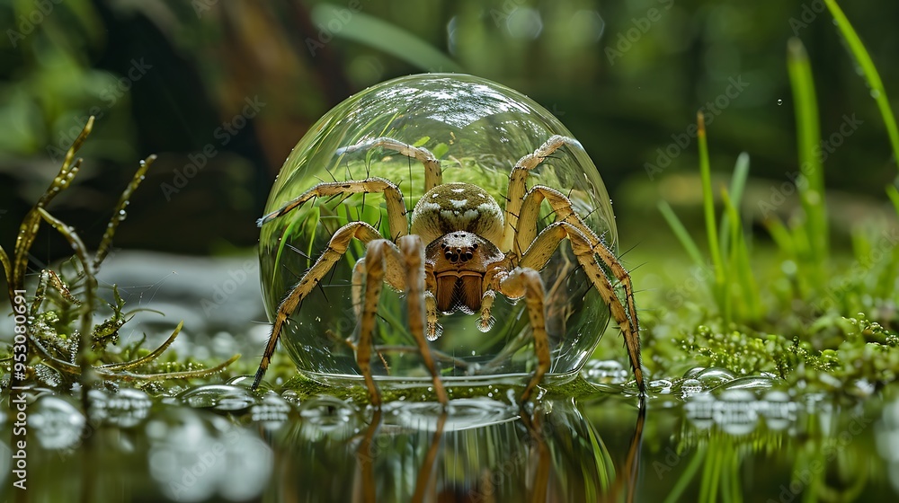 Diving bell spider living inside an underwater air bubble, captured in ...