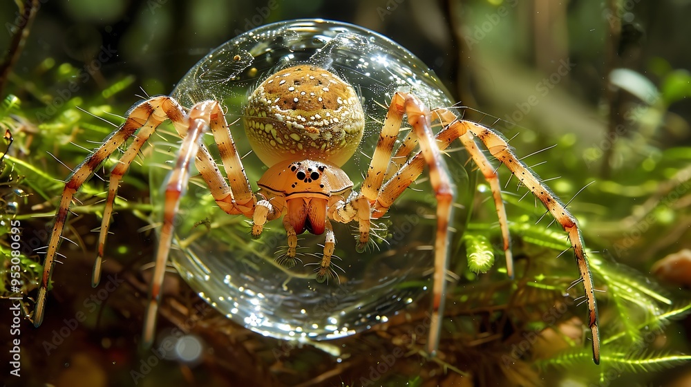 Diving bell spider living inside an underwater air bubble, captured in ...
