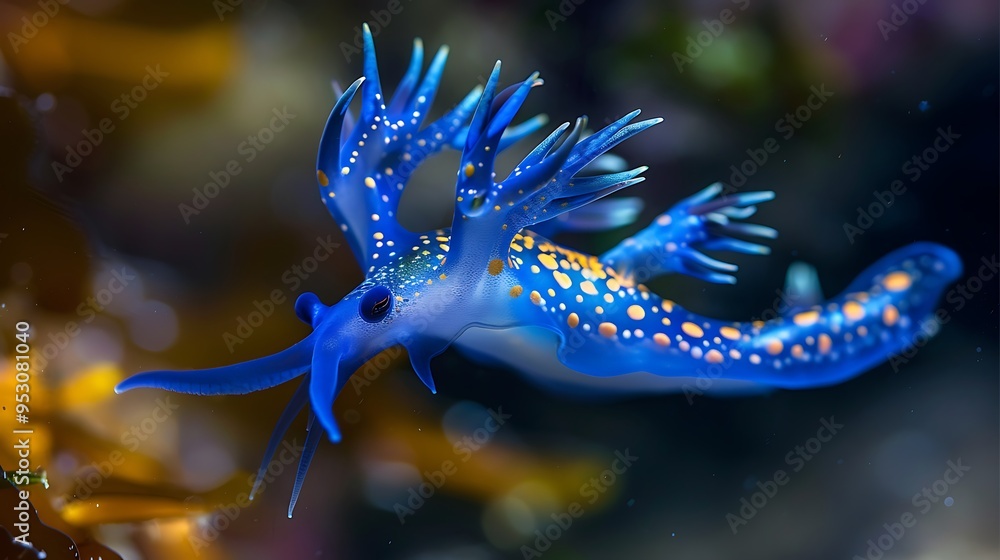 Glaucus atlanticus sea slug floating on the ocean surface, its vivid ...
