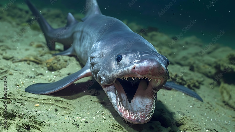 Goblin shark with its protruding jaws extended, poised for a deep-sea ...