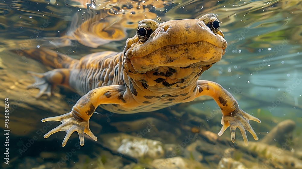 Hellbender salamander in a crystal-clear stream, the underwater view ...