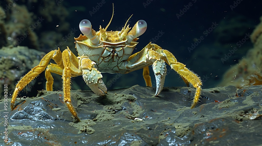 Yeti crab near a hydrothermal vent in the deep sea, surrounded by the ...