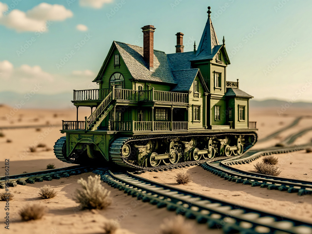 Old Victorian Era House On Tank Tracks Being Moved By Railroad Tracks ...