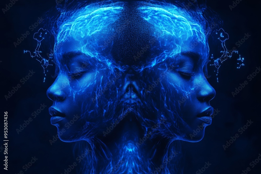 Surreal Digital Art of Twin Female Faces with a Blue Glow Illustrating ...