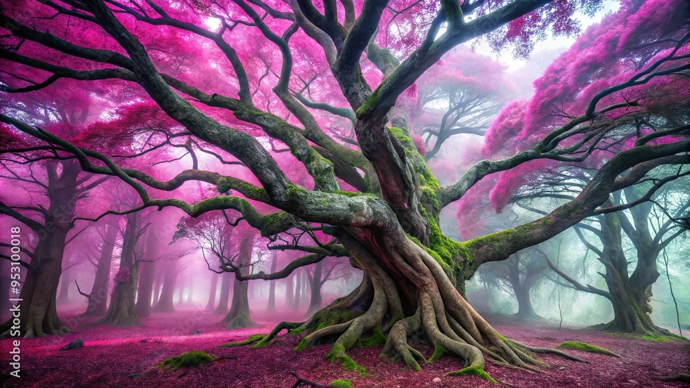 Dense magenta fog swirls around the twisted branches of a ancient ...
