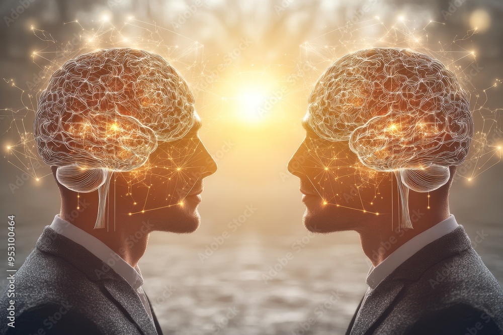 Two individuals with brains connected by glowing neurons symbolizing shared thoughts ...