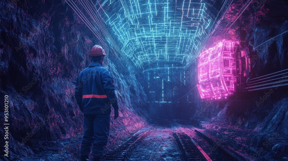 Underground mine engineer standing near a mining shaft, monitoring the ...