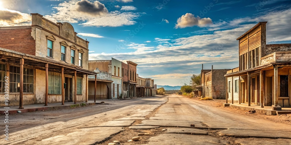 Abandoned main street in a desert town with worn buildings and cracked ...