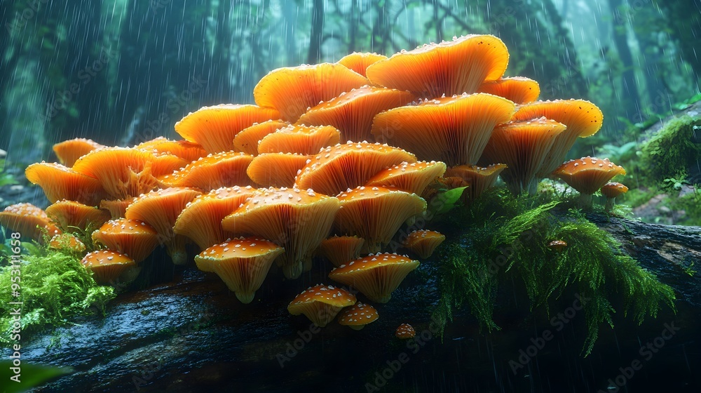 Vibrant 3D Rendered Fungi Sprouting from Rotting Log in Damp Shadowy ...