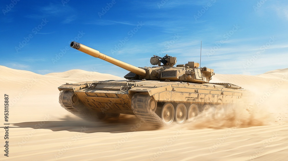 desert warfare tank, tan and heavily armored with additional gear ...