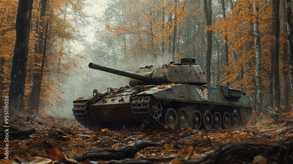 vintage WWII tank, olive green with weathered paint, rolling through a ...