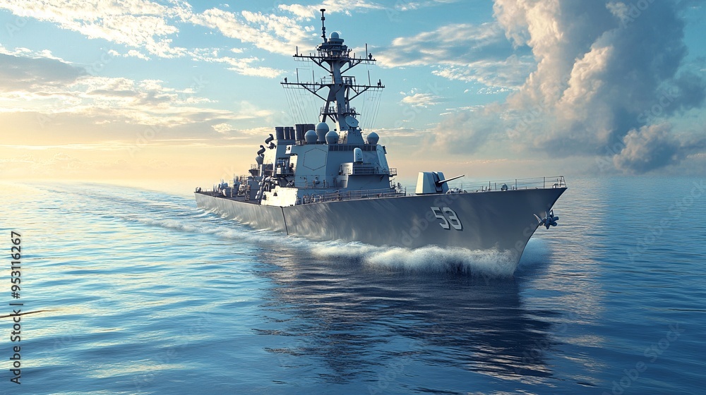 modern naval destroyer, sleek and armored with radar towers, cruising ...