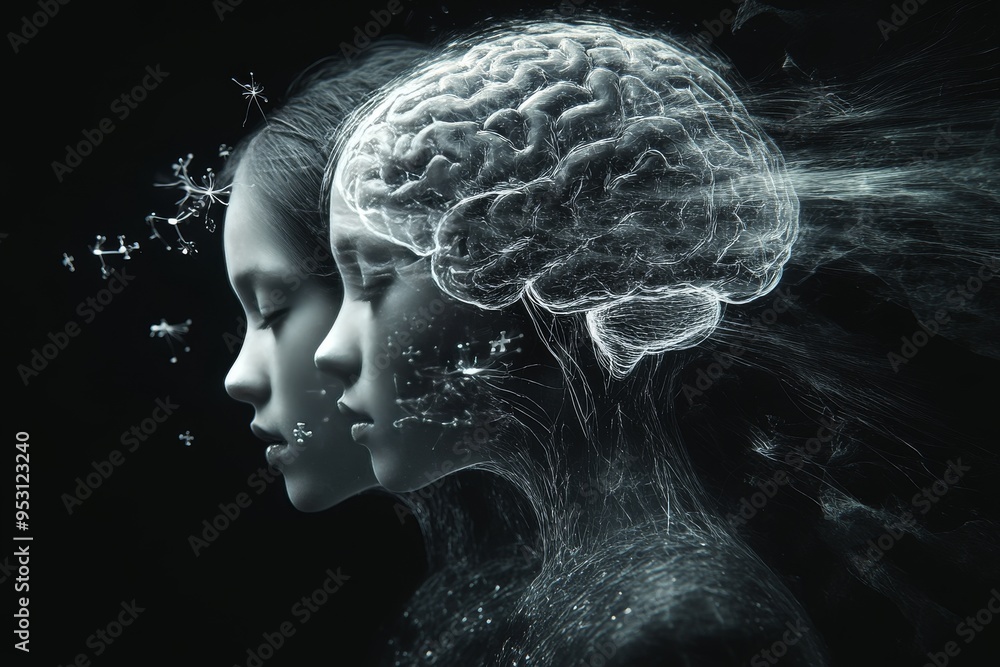 Surreal digital art of multiple heads with interconnected brains ...