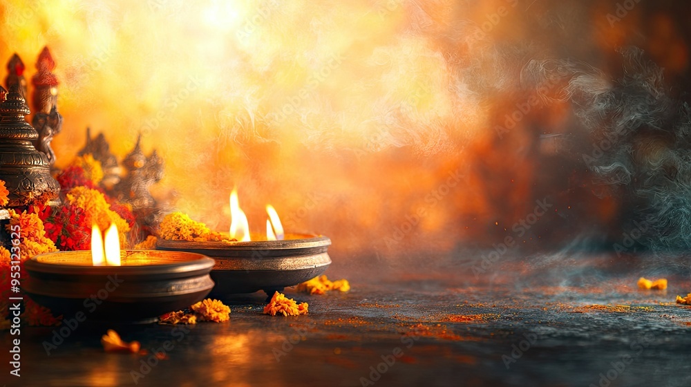 Traditional Hindu Vedic fire ceremony (Agni Puja) with space for text ...