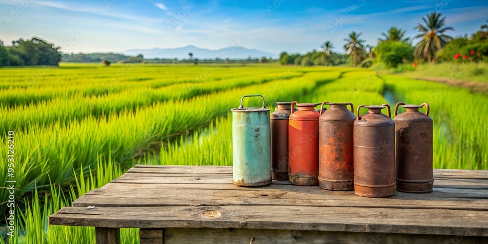 Rusty insecticide containers on a weathered wooden plank in lush ...