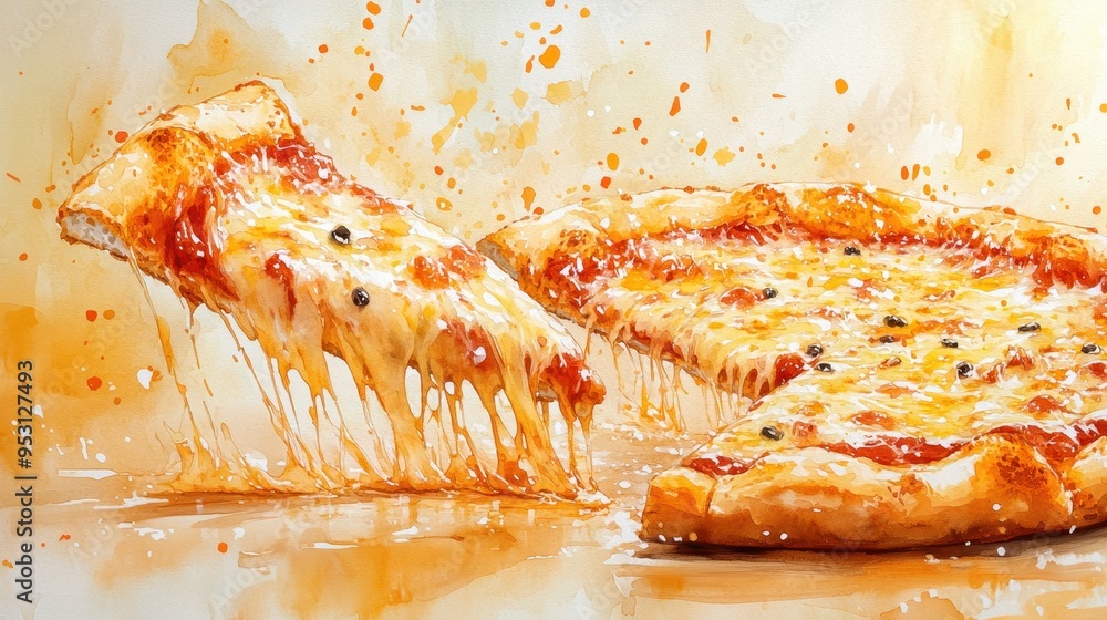 Watercolor of mozarela cheese pizza slice flying being pulled in the ...