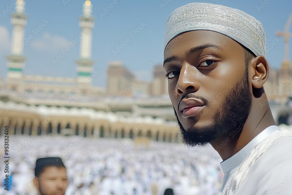 A young Muslim man stands in the crowd of pilgrims at the Masjid al ...
